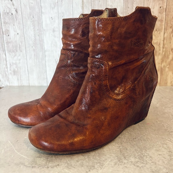 Frye | Shoes | Frye Carson Cognac Washed Italian Leather Wedge Booties ...